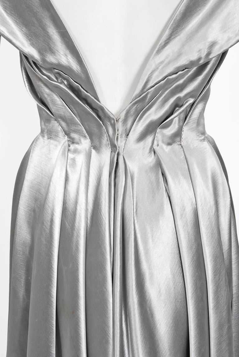 Vintage 1940's Silver Silk Satin Shawl-Collar Low Backside Sculpted ...