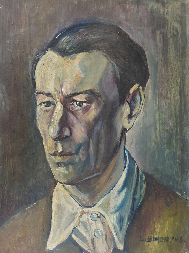 Vintage 1945 Modernist Portrait Painting of Man For Sale at 1stDibs