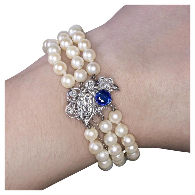 Vintage 1950 Blue Sapphire Diamond Pearls Bracelet For Sale at 1stDibs