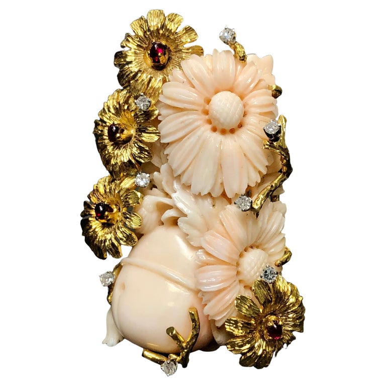 Vintage 1950’s 18K Carved Coral Diamond Ruby Brooch For Sale at 1stDibs