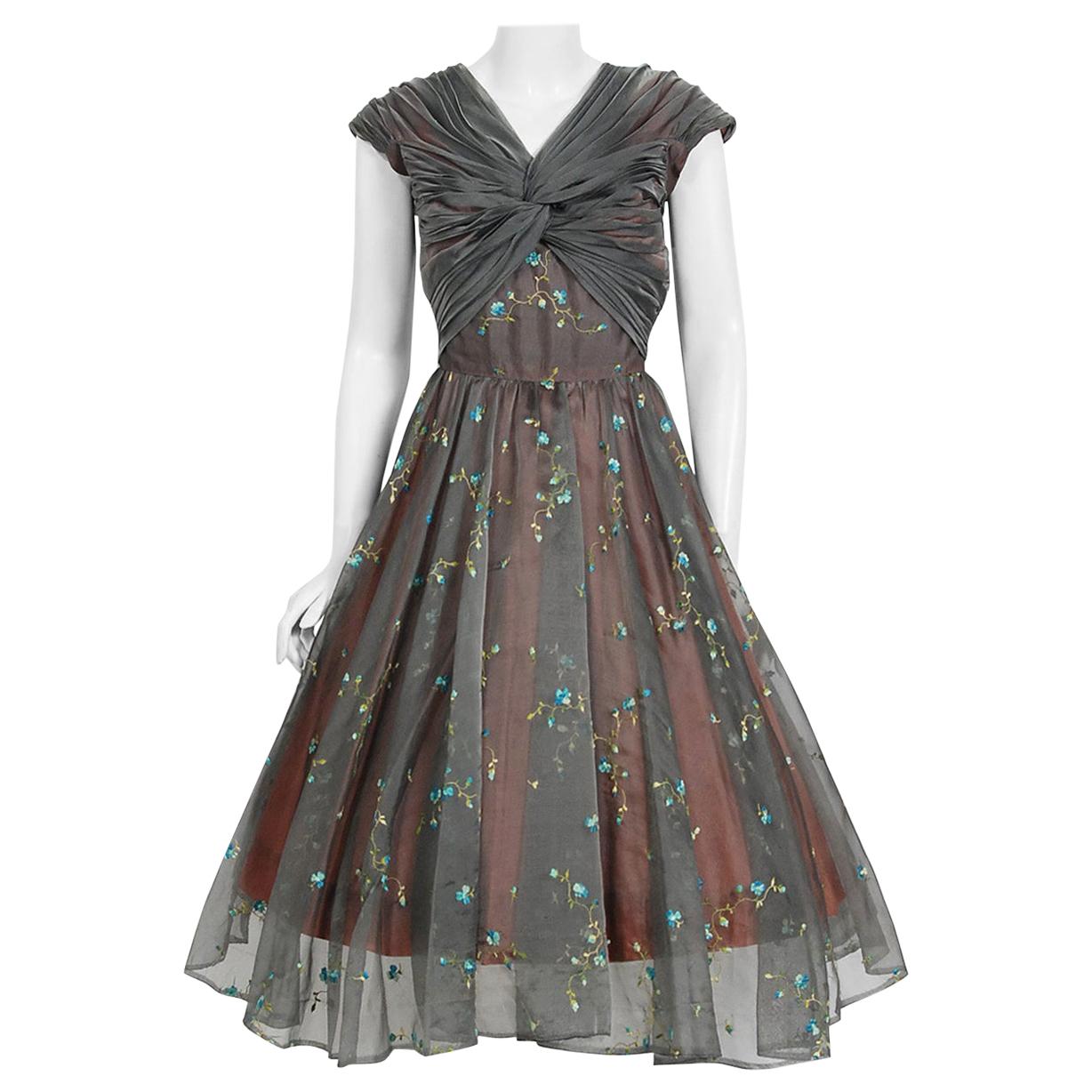 Vintage 1950's Will Steinman Embroidered Ivory Chiffon Sash-Bow Full ...