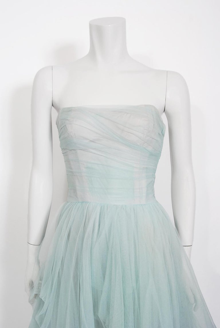 Vintage 1950's Ceil Chapman Light-Blue Tulle Strapless Ruched Full ...