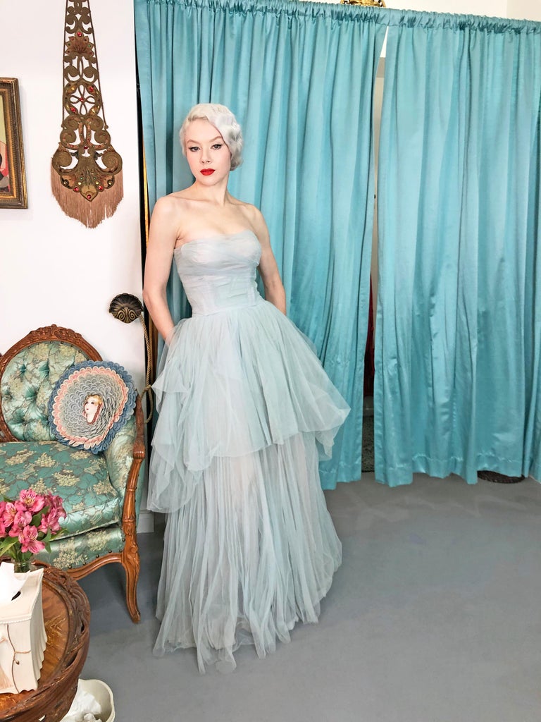 Vintage 1950's Ceil Chapman Light-Blue Tulle Strapless Ruched Full ...