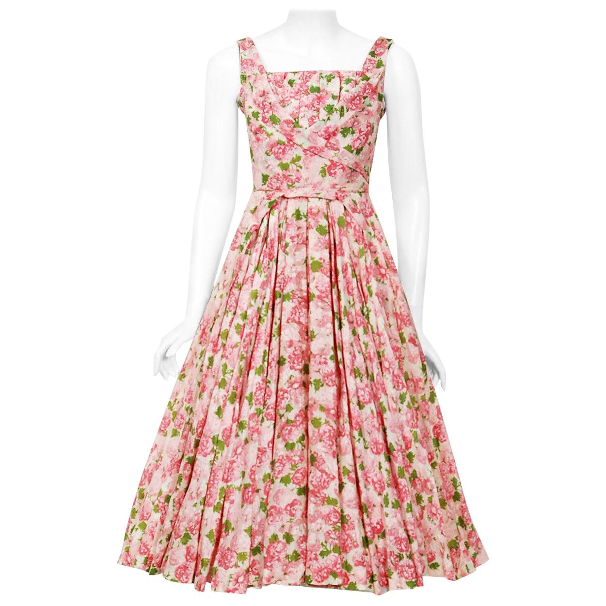 Vintage 1950's Ceil Chapman Pink Carnations Floral Print Cotton Full ...