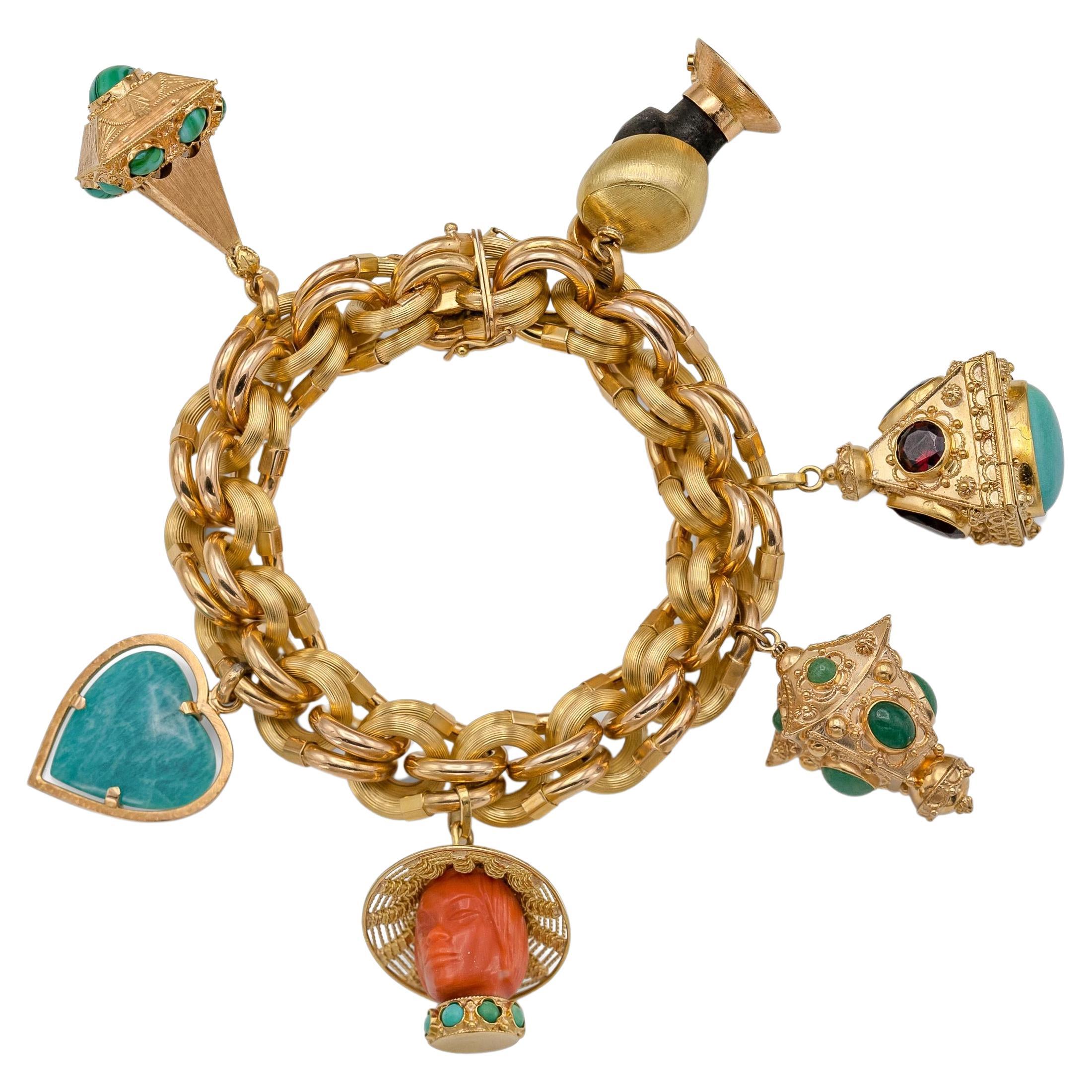 Vintage Yellow Gold Multi-Gemstone Chunky Charm Bracelet For Sale at ...
