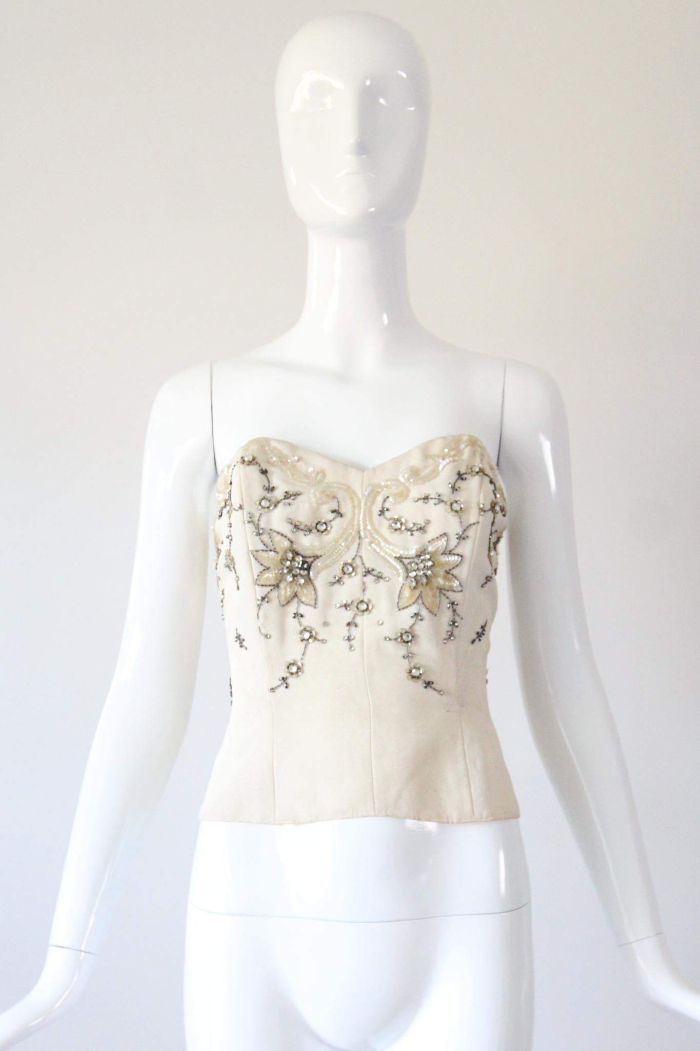 Vintage 1950's Cream Beaded Bustier Strapless Boned Embroidered UK 8 US ...