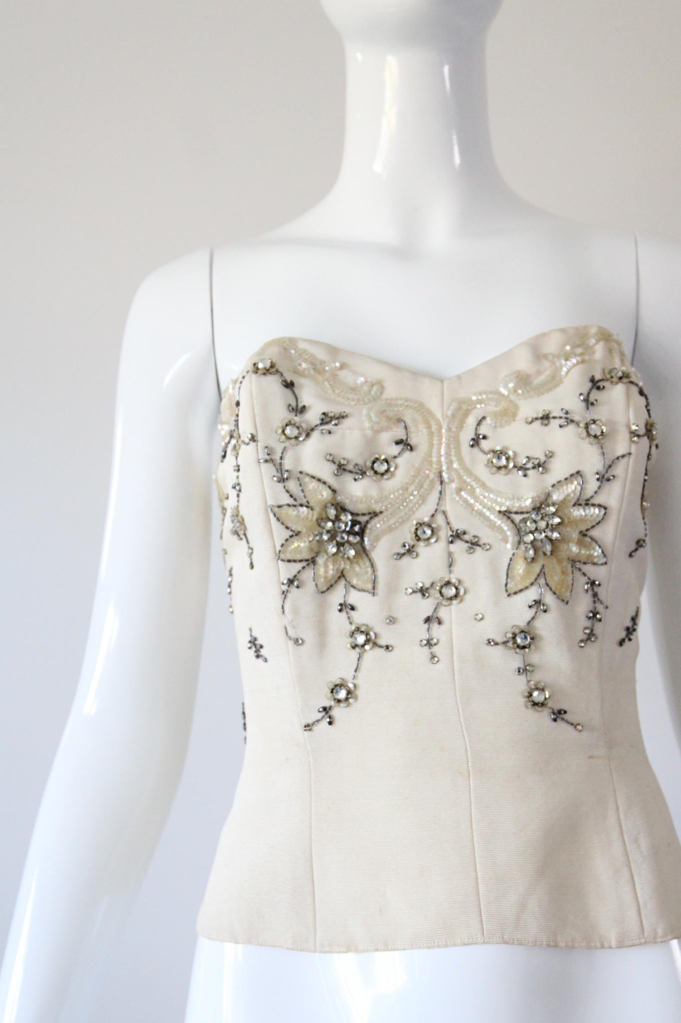Vintage 1950's Cream Beaded Bustier Strapless Boned Embroidered UK 8 US ...