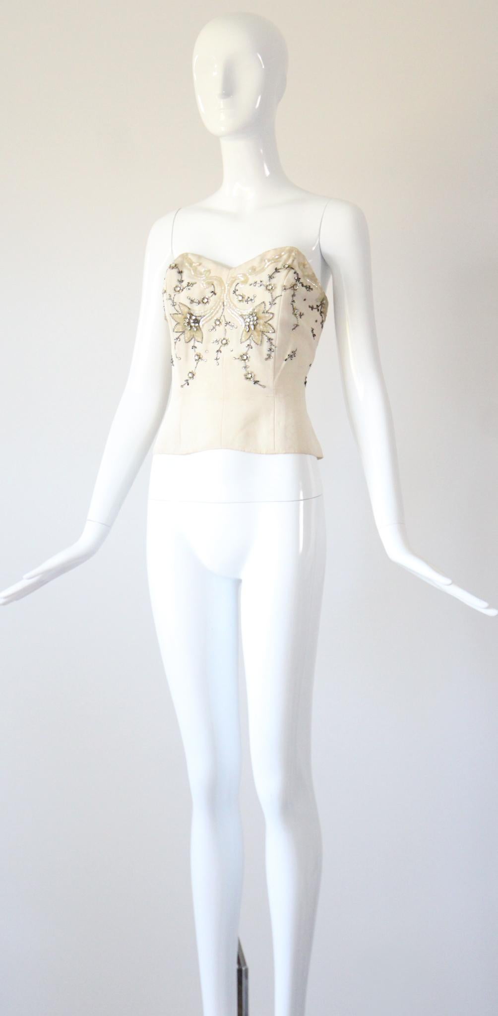 Vintage 1950's Cream Beaded Bustier Strapless Boned Embroidered UK 8 US ...