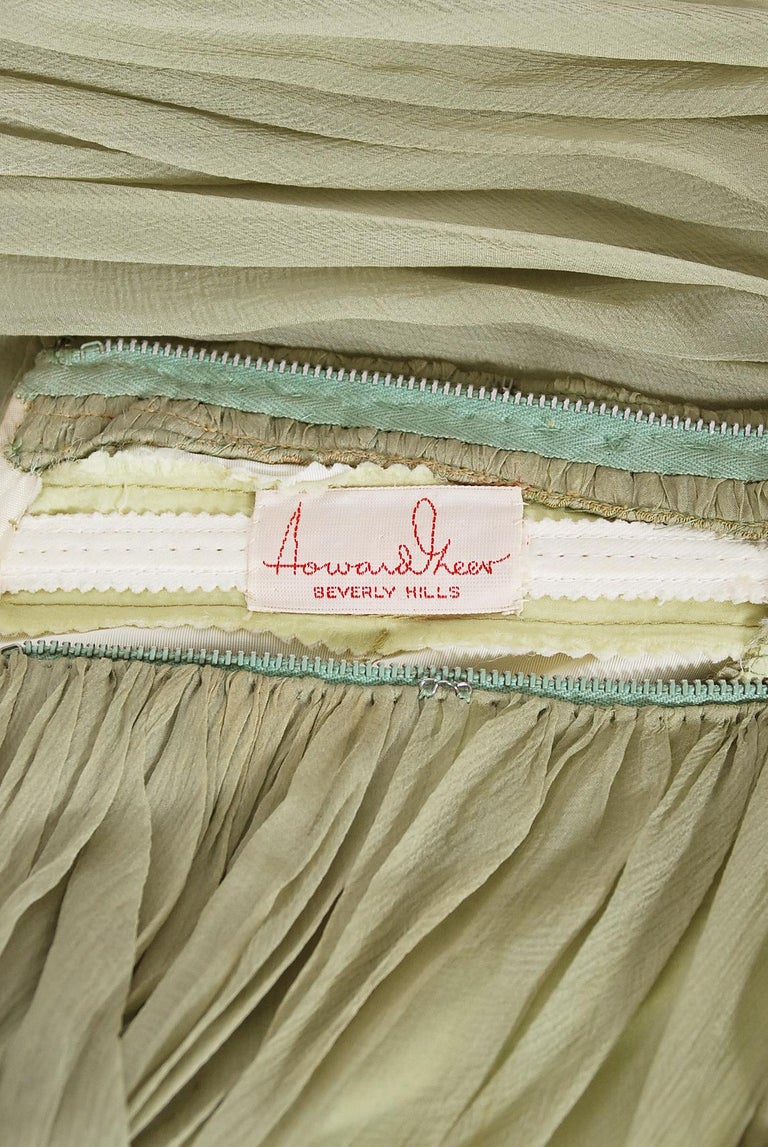 Vintage 1950's Howard Greer Couture Sage-Green Draped Chiffon Strapless ...