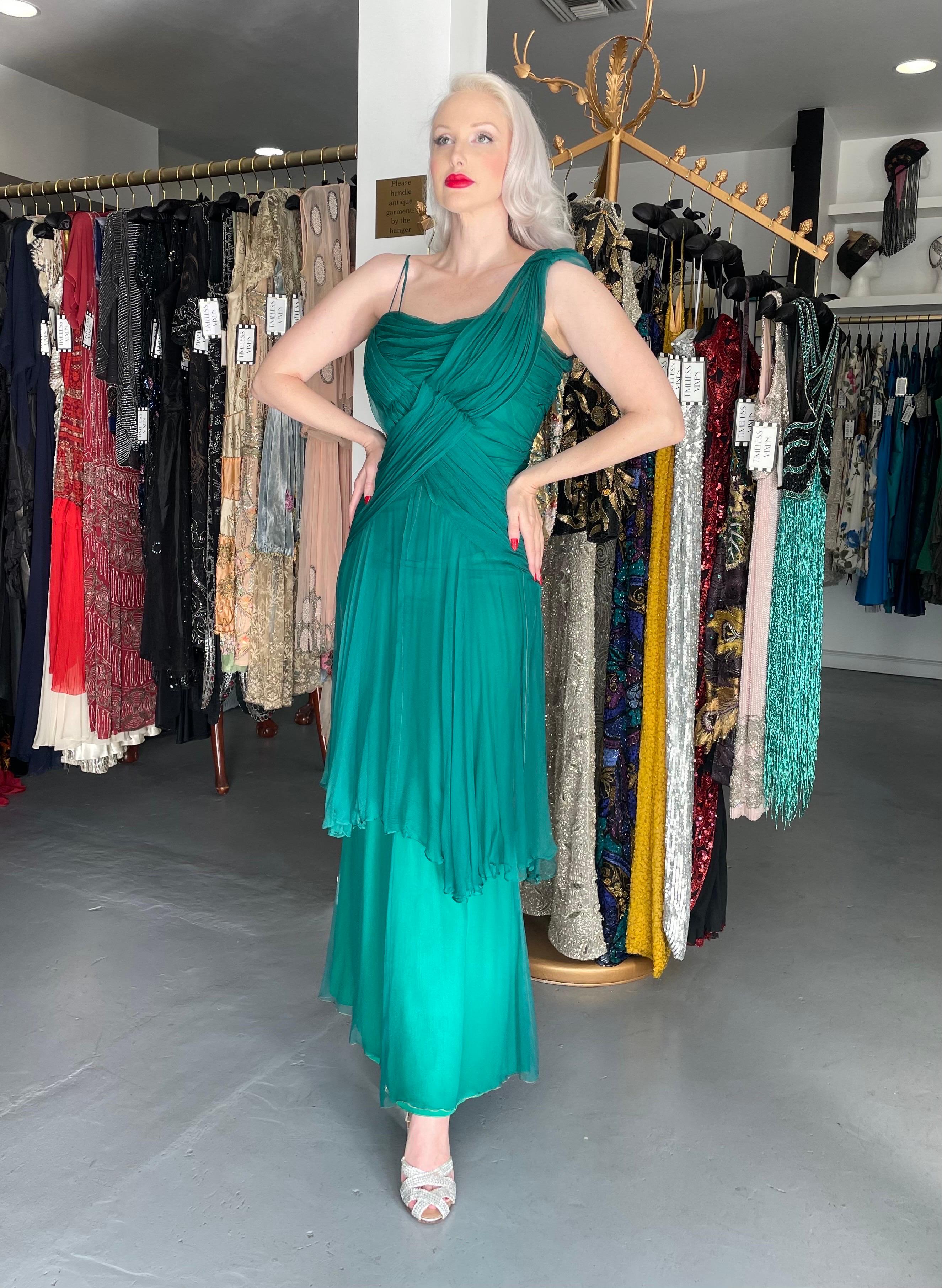 Vintage 1950's Irene Lentz Couture Teal Green Draped Silk Grecian ...