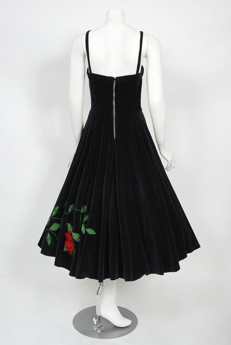Vintage 1950's Juli Lynne Charlot Red Roses Appliqué Black Velvet Full ...