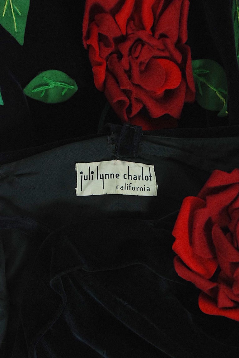 Vintage 1950's Juli Lynne Charlot Red Roses Appliqué Black Velvet Full ...
