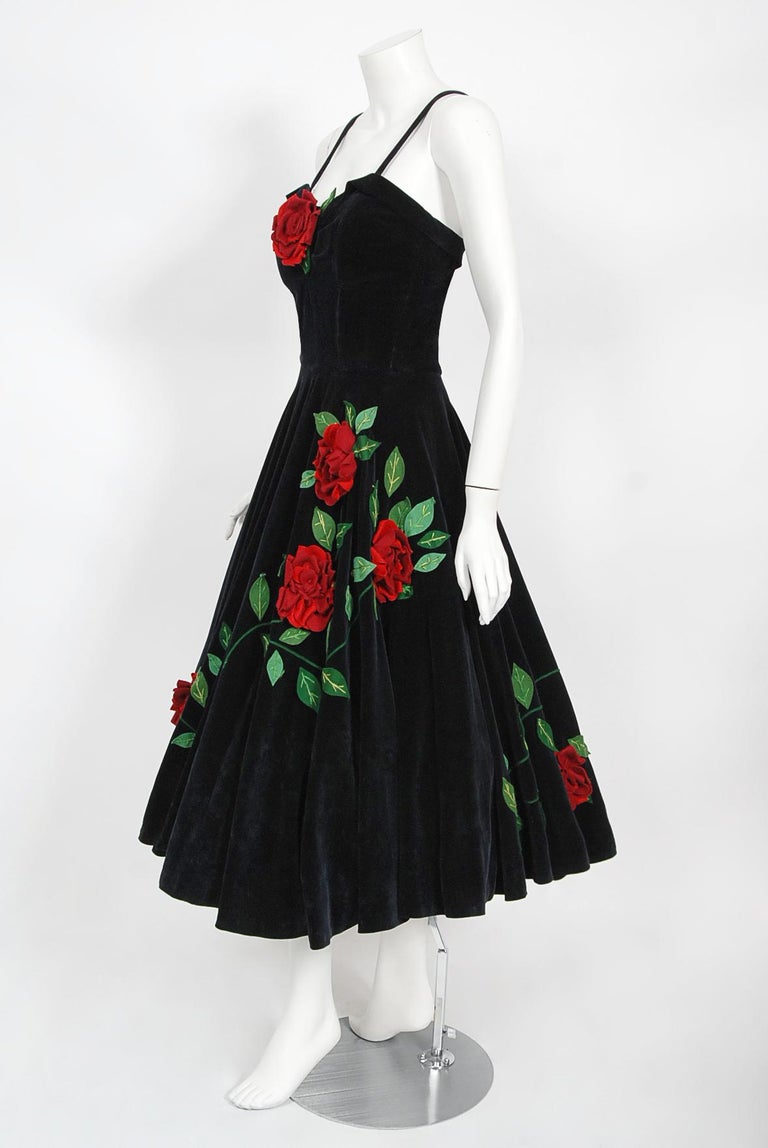 Vintage 1950's Juli Lynne Charlot Red Roses Appliqué Black Velvet Full ...