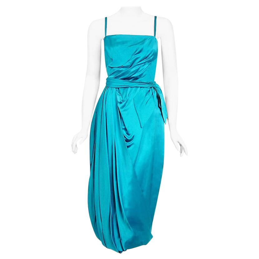 1950's Hawaiian Tropical-Floral Metallic Turquoise Print Cotton Halter ...