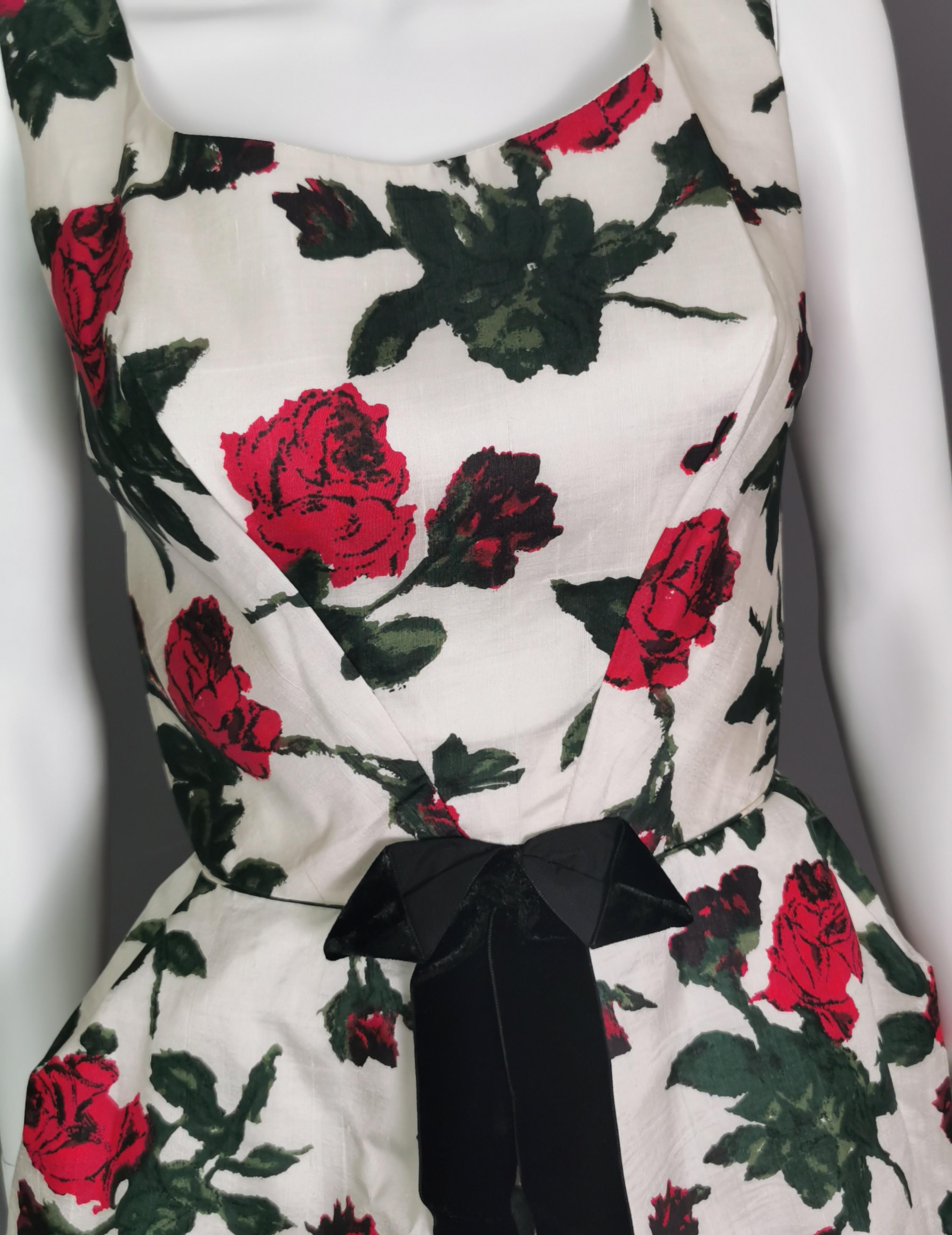 Vintage 1950s silk Rose print dress For Sale at 1stDibs