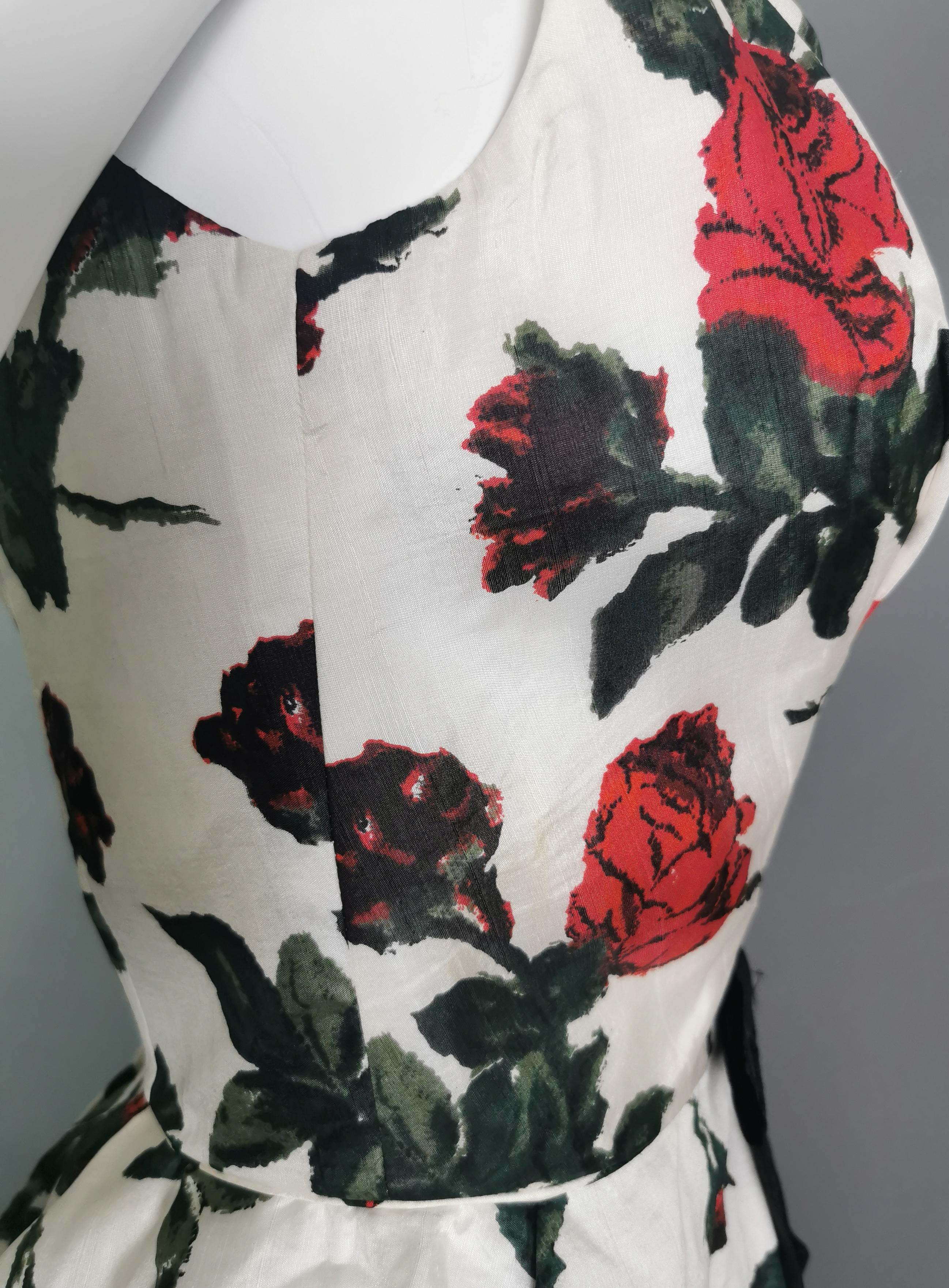 Vintage 1950s silk Rose print dress For Sale at 1stDibs