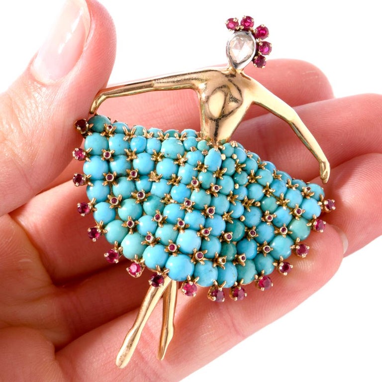 Vintage 1950s Turquoise Ballerina Diamond Ruby Pin at 1stDibs