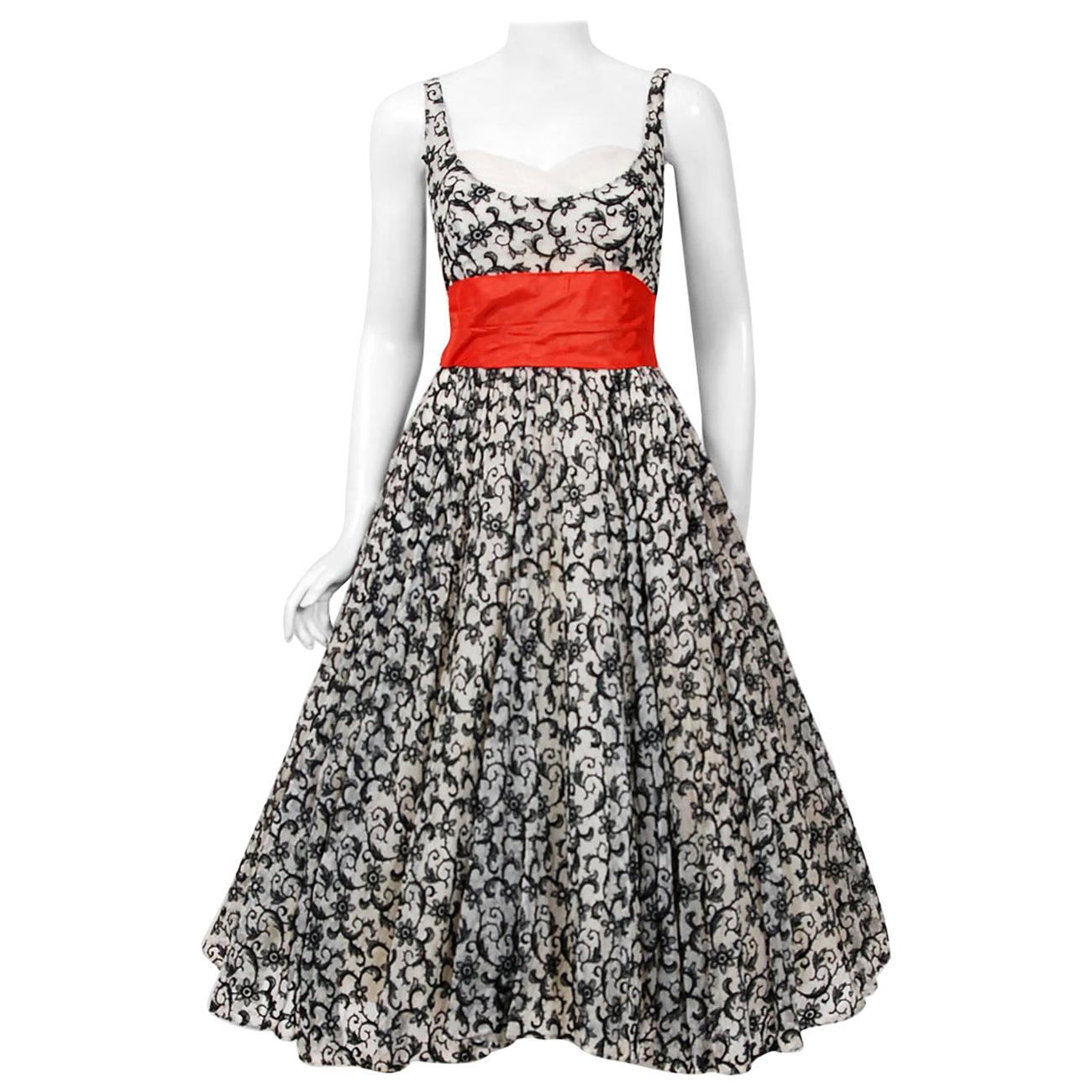 Vintage 1950's Will Steinman Embroidered Ivory Chiffon Sash-Bow Full ...