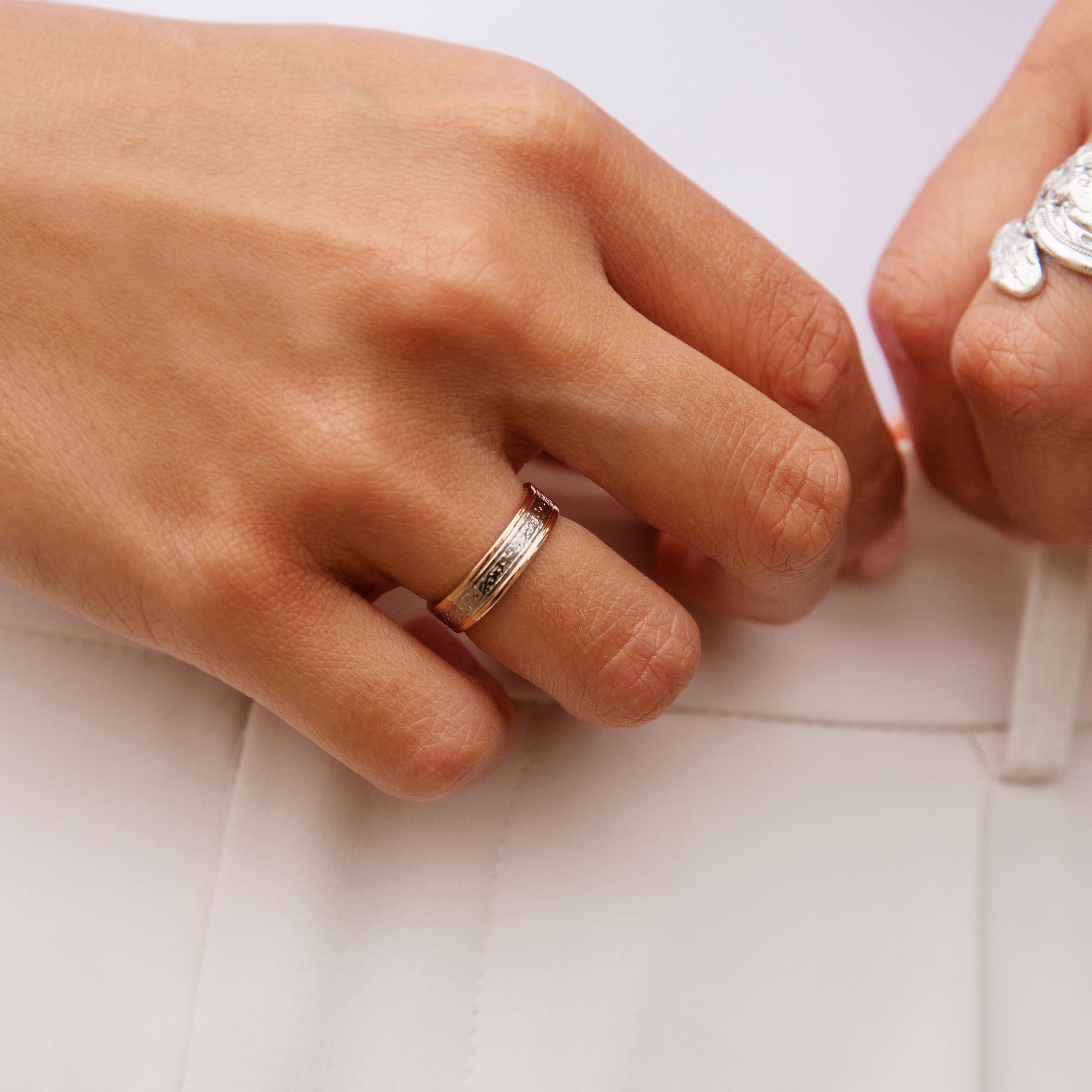 Vintage 1955 18 Carat Two Tone Rose and White Gold Hallmarked and Patterned Band at 1stDibs