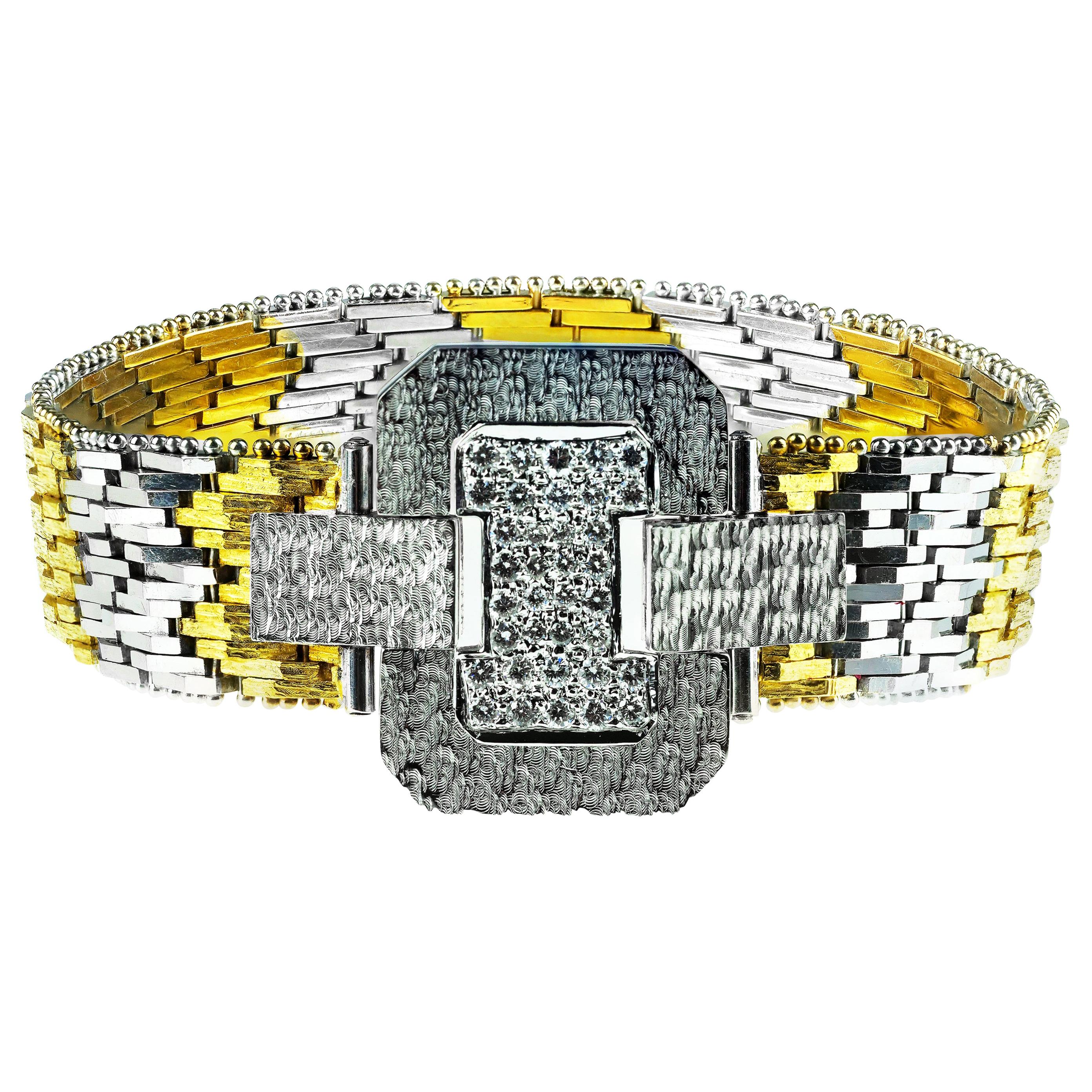 Vintage 1960 Diamond Wide Buckle Bracelet in Bimetal 18 K White and ...