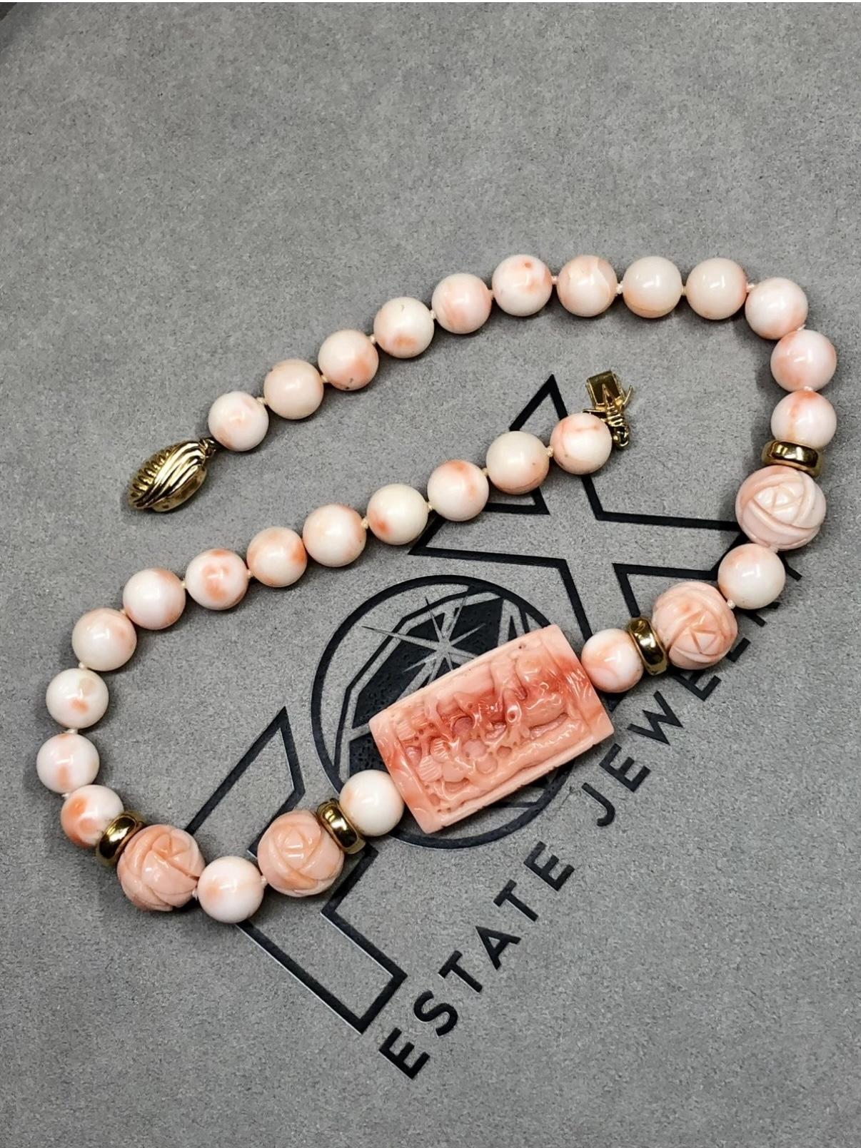 Vintage 1960’s 14K Carved Pink Coral Choker Necklace 16” For Sale at ...