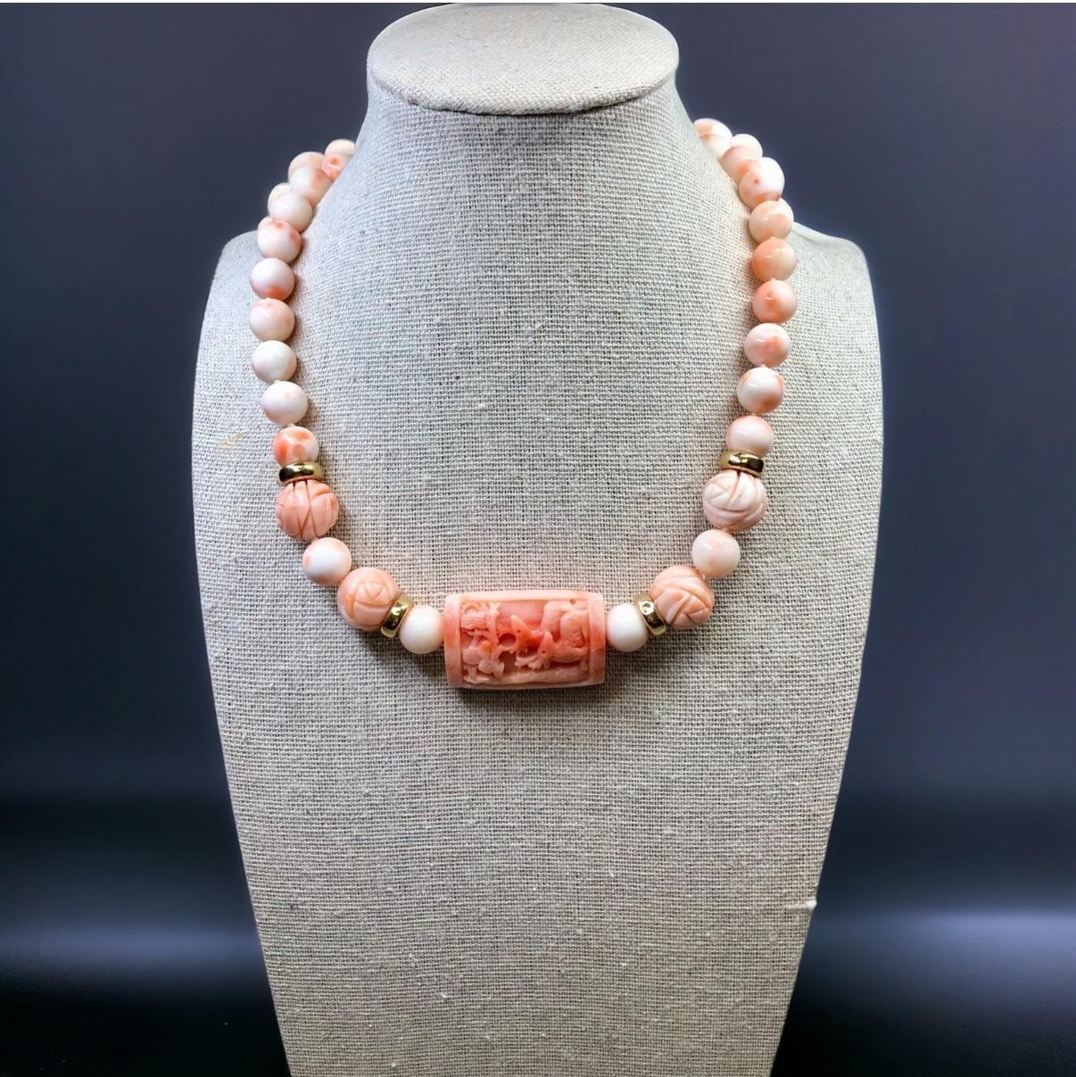 Vintage 1960’s 14K Carved Pink Coral Choker Necklace 16” For Sale at ...