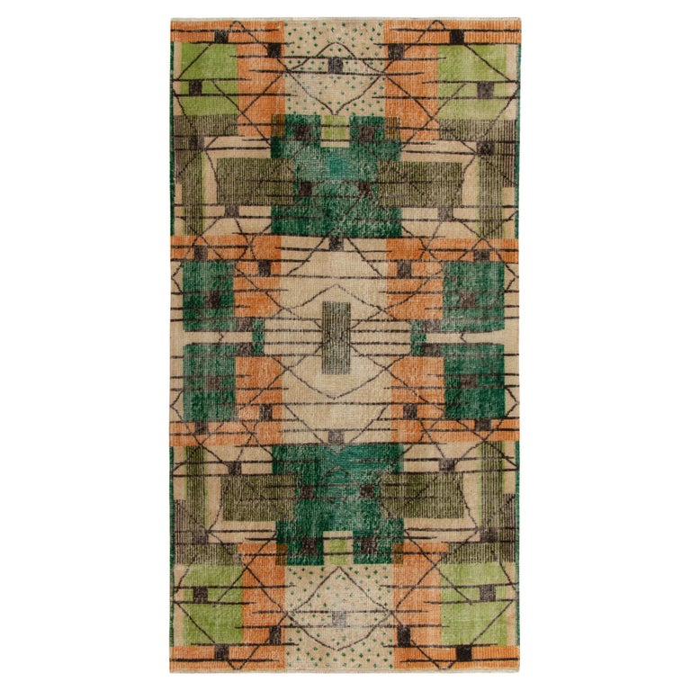 Vintage 1960s Art Deco Rug in Beige and Orange Geometric Pattern by Rug ...