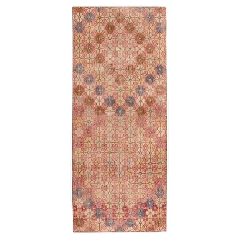 Vintage 1960s Art Deco Runner in Red, Blue, Beige Floral Pattern by Rug ...