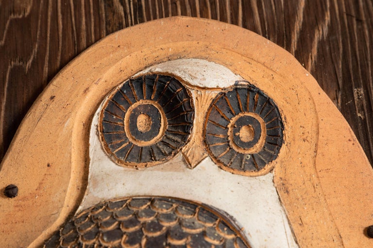 Vintage 1960s Clay and Wood Owl Wall Art by Verner For Sale at 1stDibs