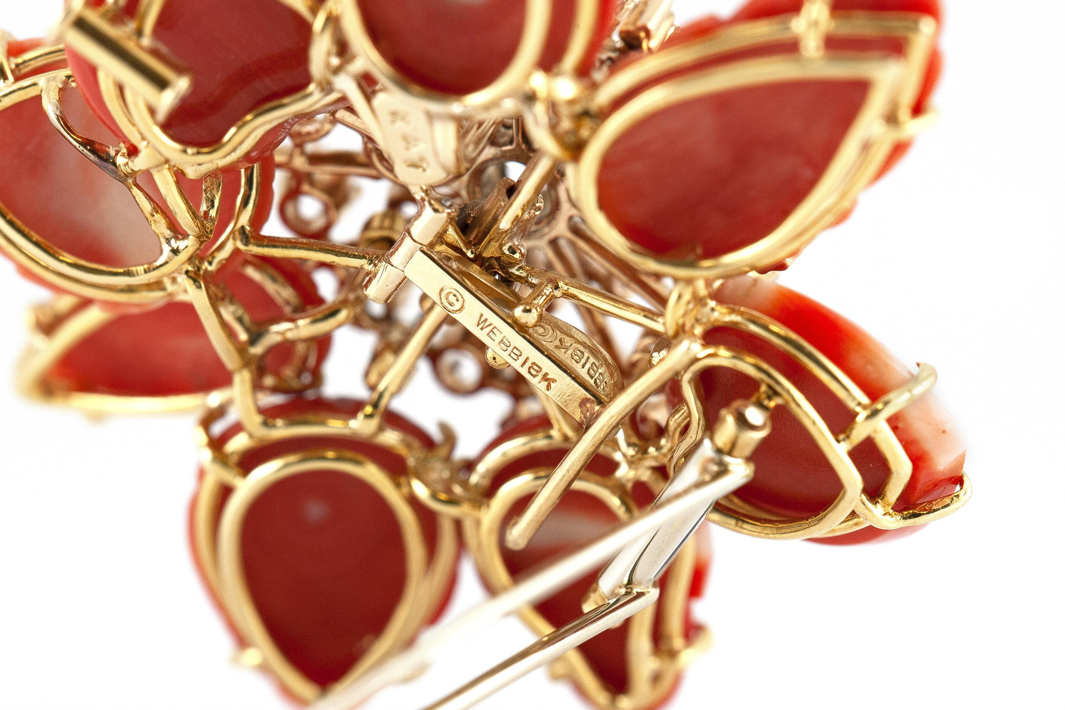 Vintage 1960s David Webb Coral Flower Pin with Diamonds For Sale at 1stDibs