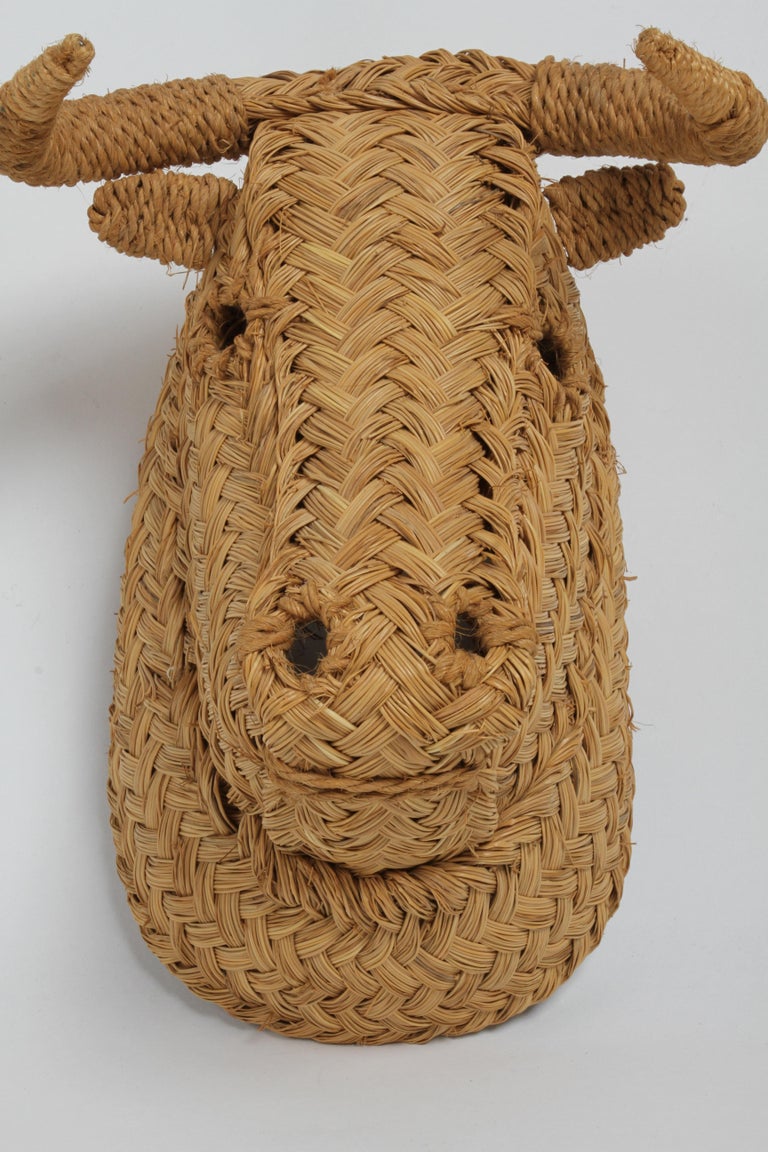 Vintage 1960s French Wicker Rattan Minotaur Bull Head Sculpture Wall ...