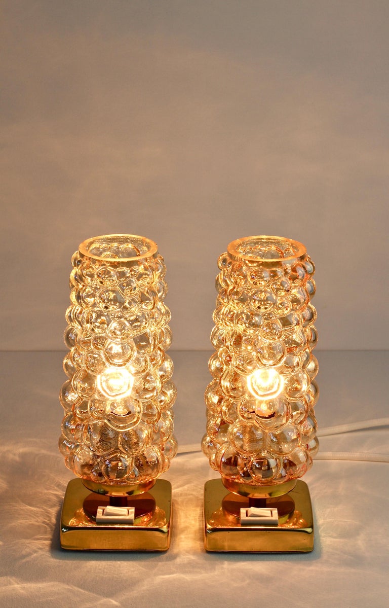Vintage 1960s Limburg Style Amber Bubble Glass and Brass Table Lamps by ...