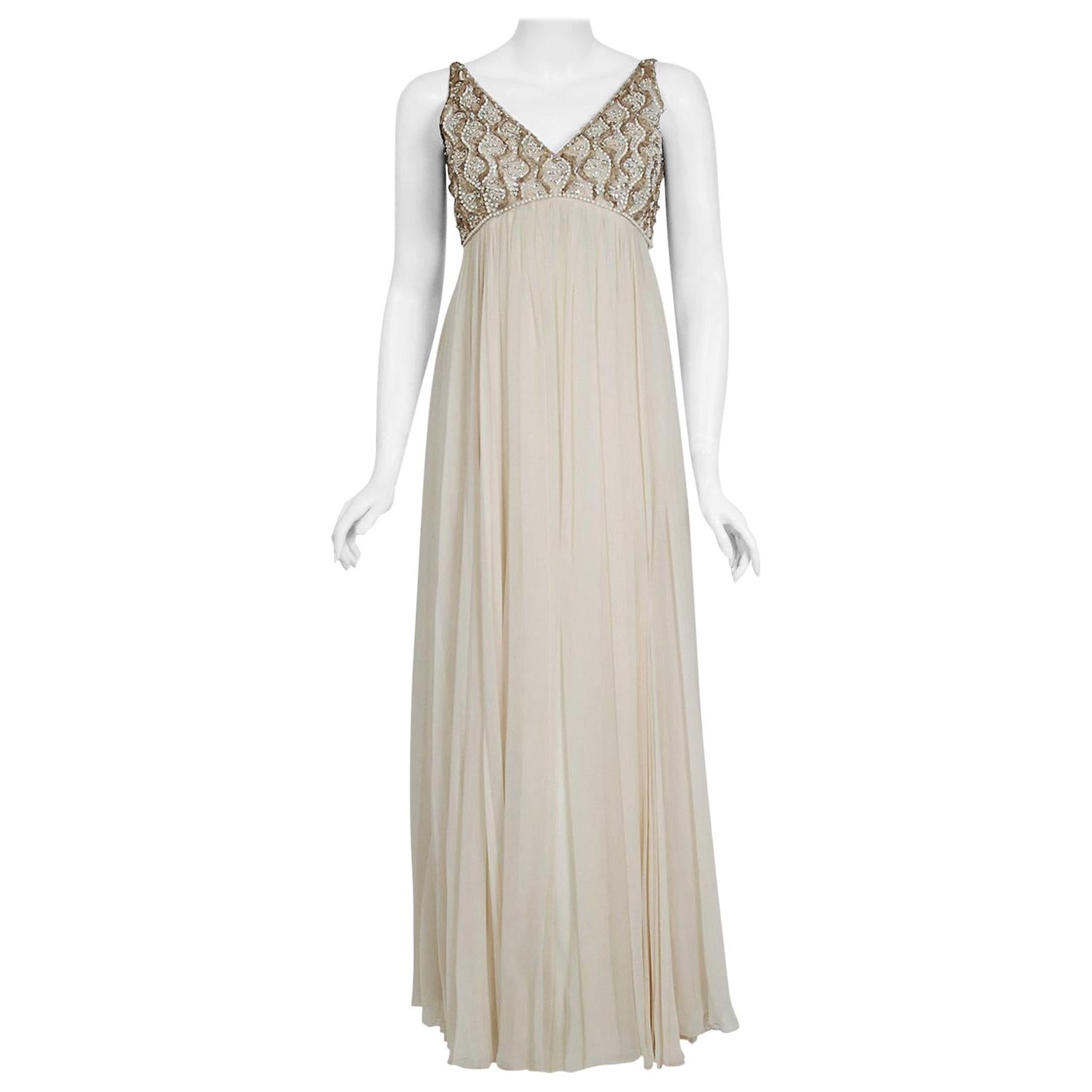 Vintage 1950's Will Steinman Embroidered Ivory Chiffon Sash-Bow Full ...