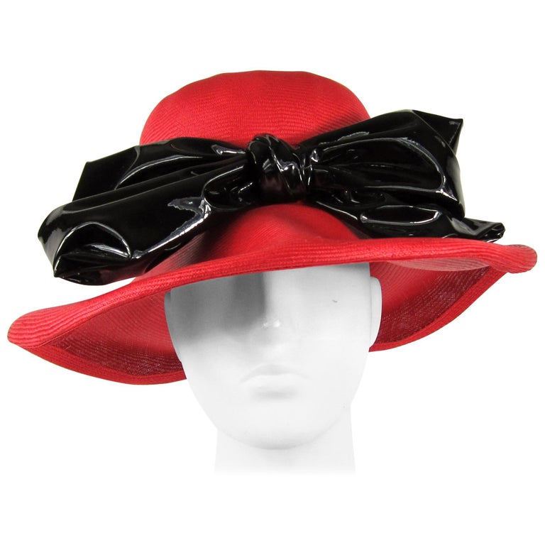 Vintage 1960s Red Mod Straw Black Bow Derby Hat For Sale at 1stDibs