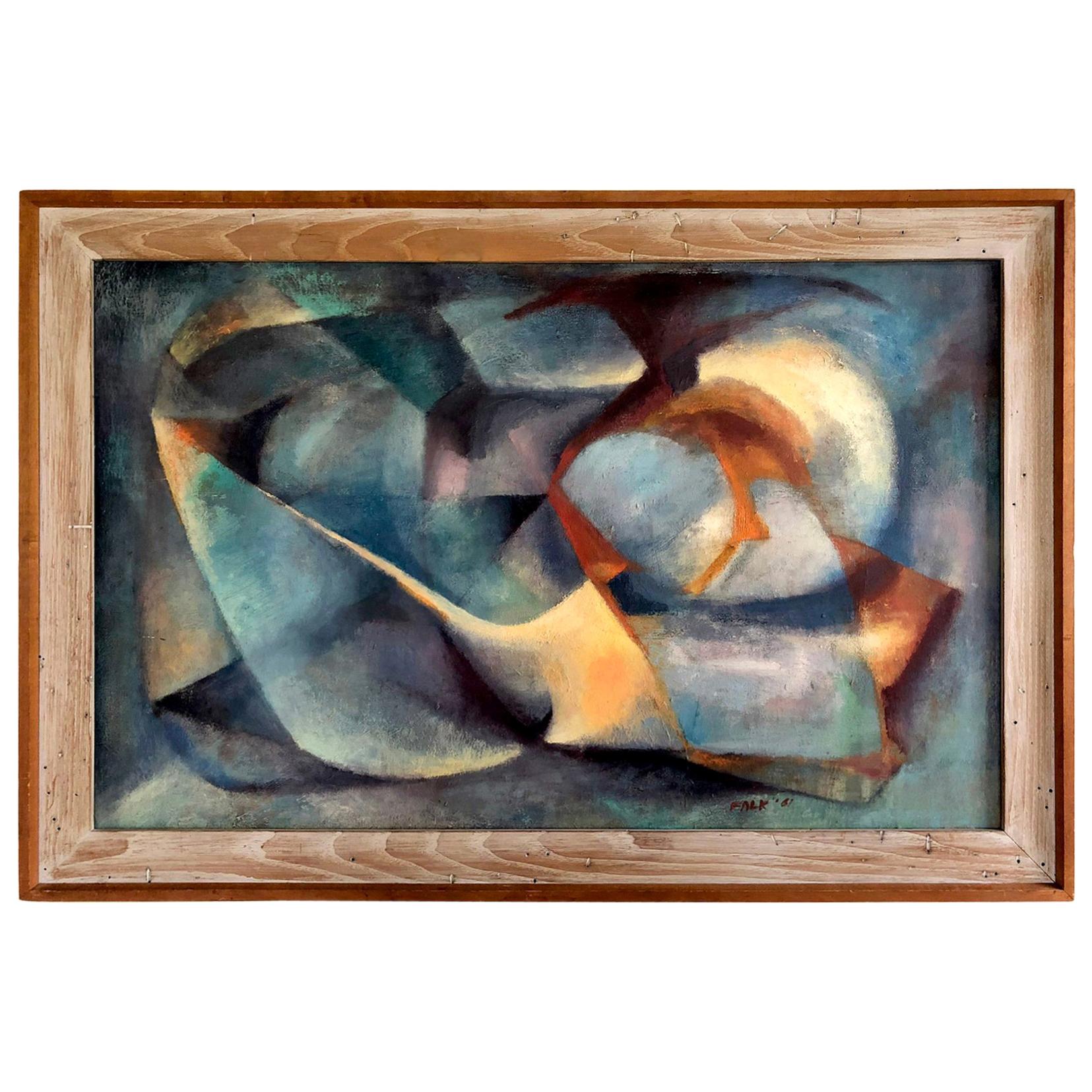 Vintage 1961 Oil on Board Abstract Modernist Painting by Falk at 1stDibs