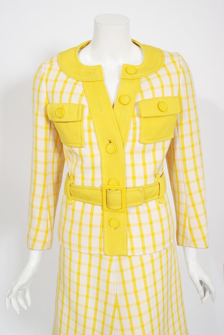 Vintage 1967 Courreges Couture Yellow White Checkered Wool Belted ...