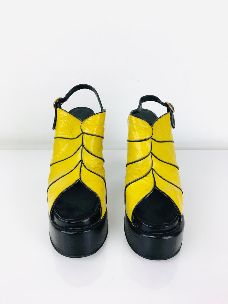 Vintage 1970s 30s Style Yellow and Black Leather Double Platforms High ...