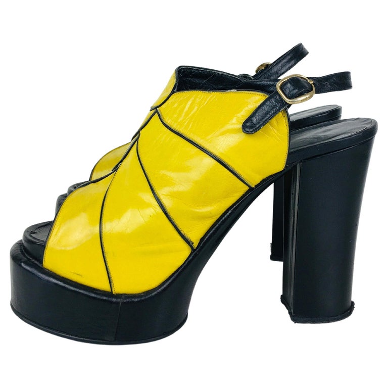Vintage 1970s 30s Style Jaune and Noir Cuir Double Plateformes Talons ...