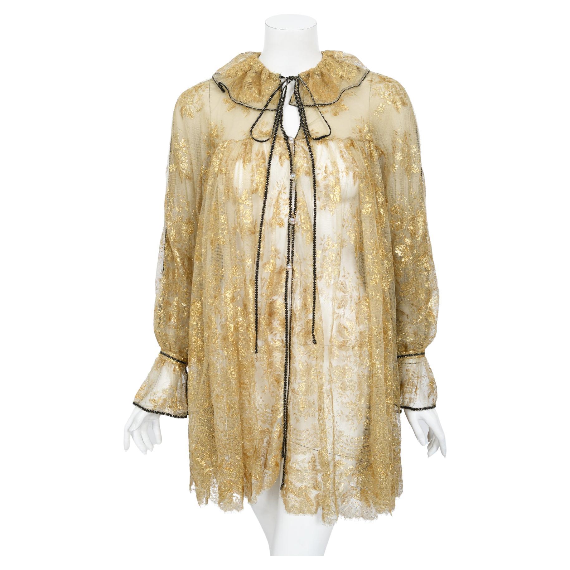 Vintage 1970's Bill Gibb Couture Metallic Gold Sheer Lace Babydoll Mini ...