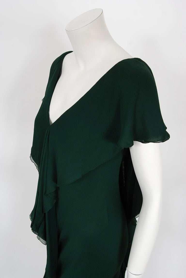 Vintage 1970's Halston Couture Forest Green Silk Chiffon Draped Bias ...