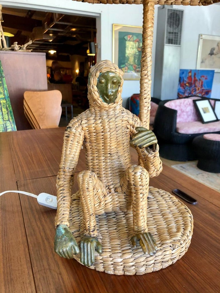 Vintage 1970s Handmade Woven Rattan Monkey Table Lamp at 1stDibs