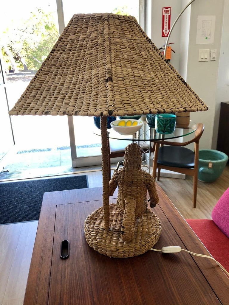 Vintage 1970s Handmade Woven Rattan Monkey Table Lamp at 1stDibs