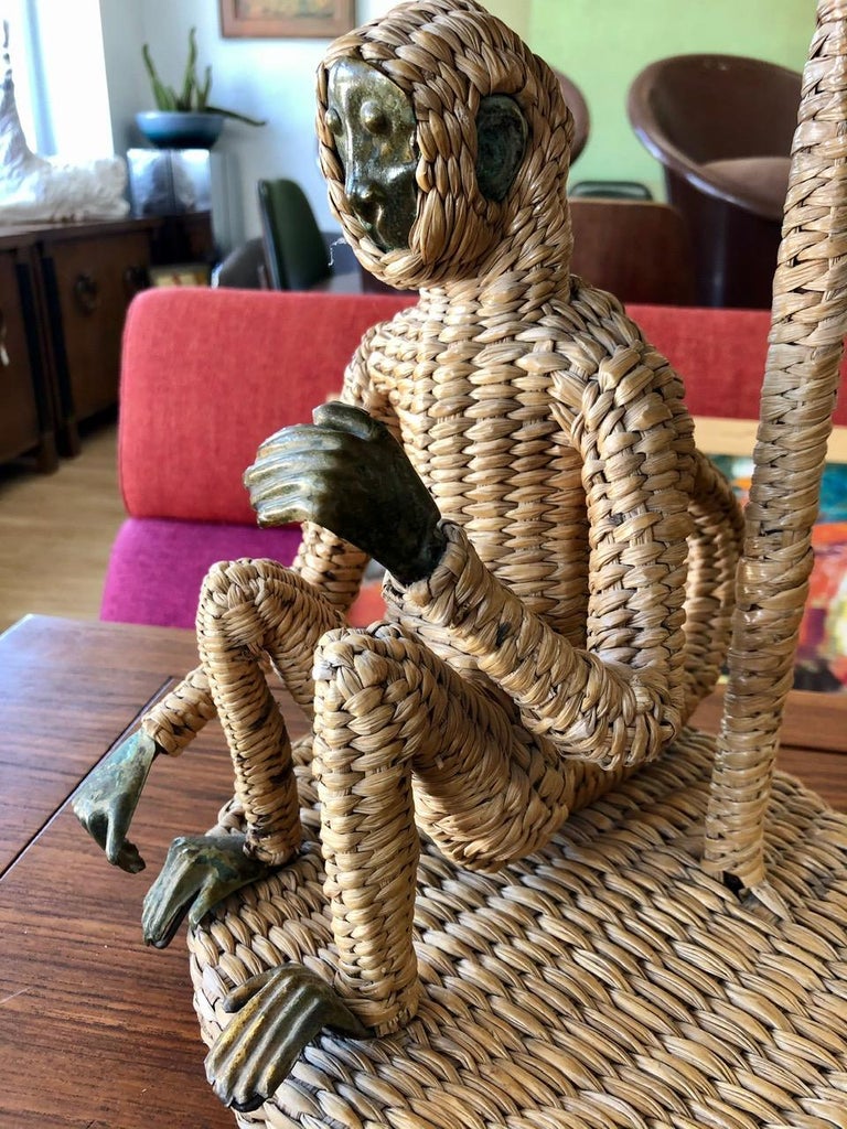 Vintage 1970s Handmade Woven Rattan Monkey Table Lamp at 1stDibs