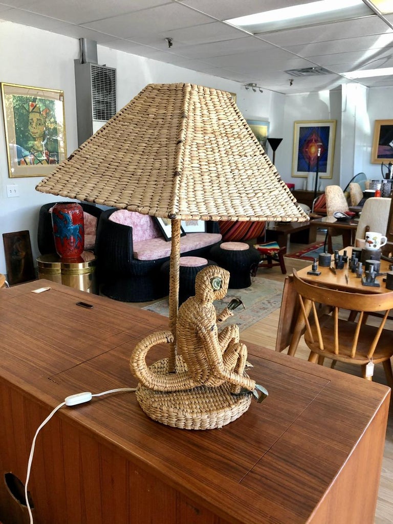 Vintage 1970s Handmade Woven Rattan Monkey Table Lamp at 1stDibs