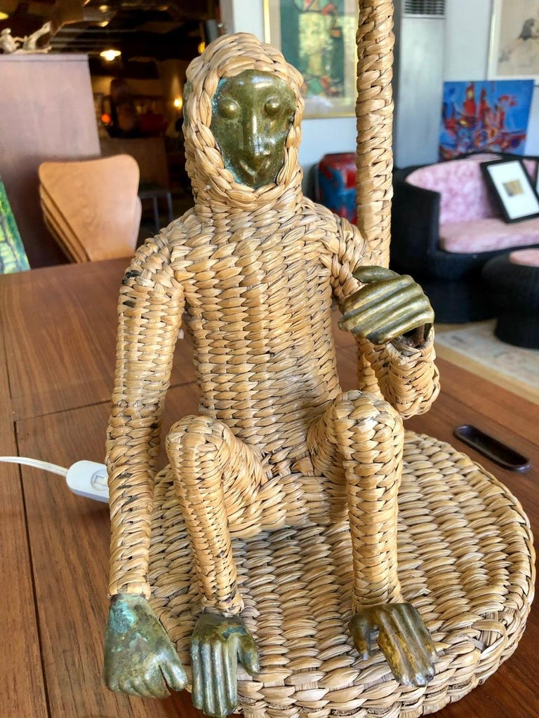 Vintage 1970s Handmade Woven Rattan Monkey Table Lamp at 1stDibs
