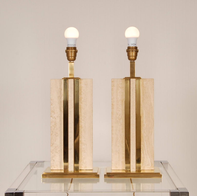 Vintage 1970s Hollywood Regency Marble Travertine Gold Brass Table ...