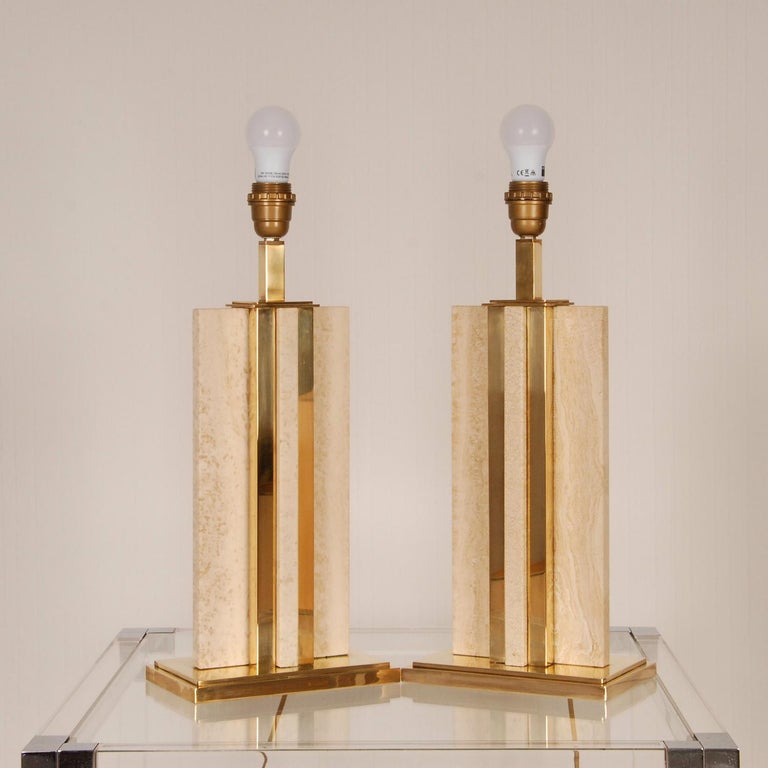 Vintage Hollywood Regency Beige Marble Travertine Gold Brass Table ...