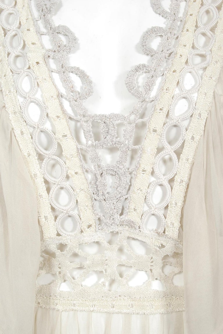 Vintage 1970s Ivory Mixed Lace Sheer Cotton Bohemian Flutter-Sleeve ...