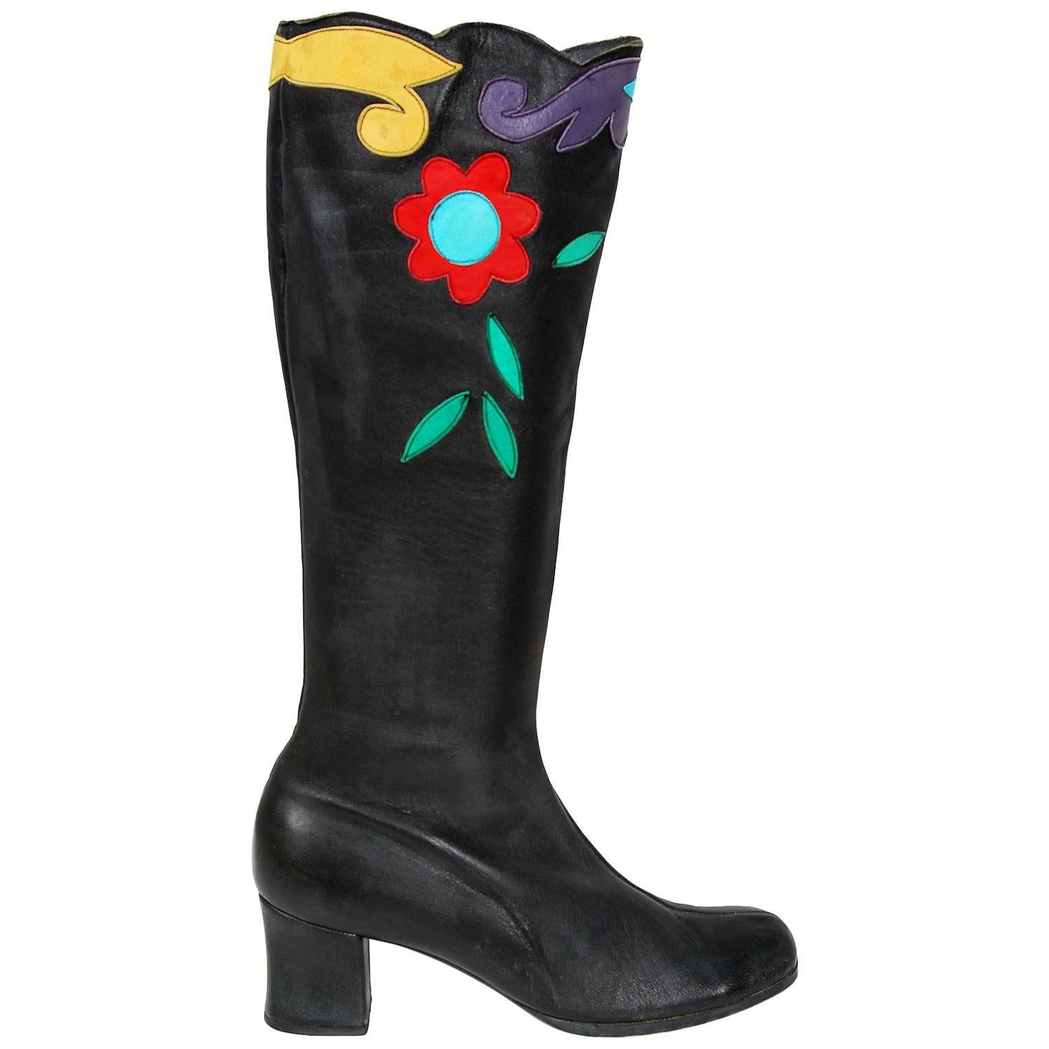 1960's Colorful Rainbow Stripe Patchwork Lace-Up Leather Suede Knee ...