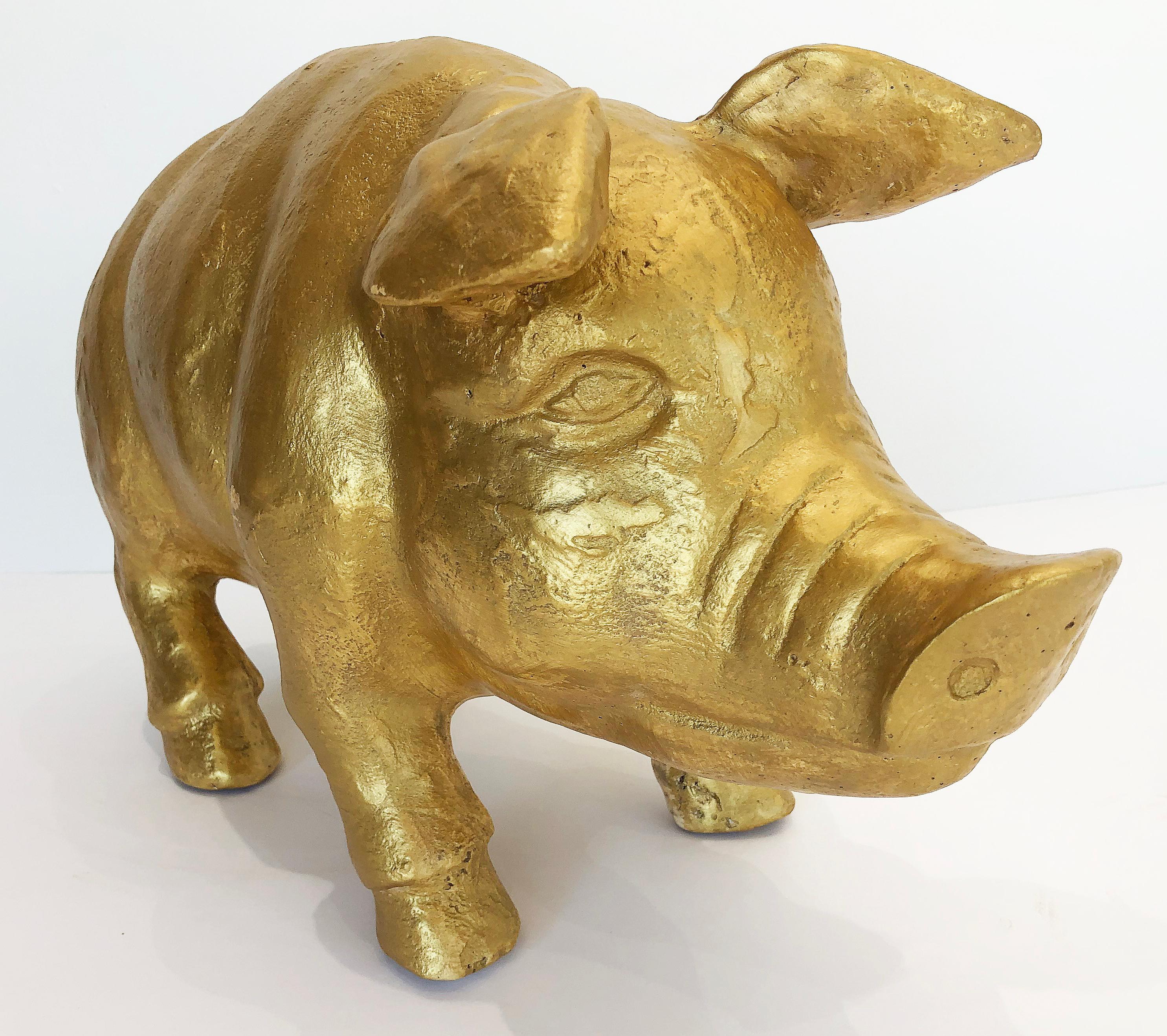 Vintage 1970s Life-Size Gilt-Plaster Pig Sculpture For Sale at 1stDibs